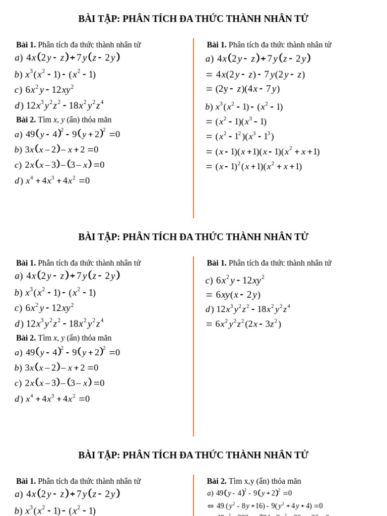 BÀI TẬP PTICH ĐA THỨC THÀNH NHÂN TỬ (PPT) | PDF