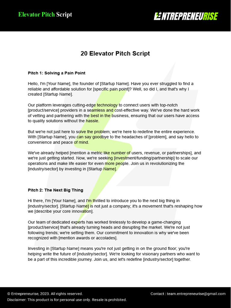 20 Elevator Pitch Script - ER | PDF | Startup Company | Small Business ...