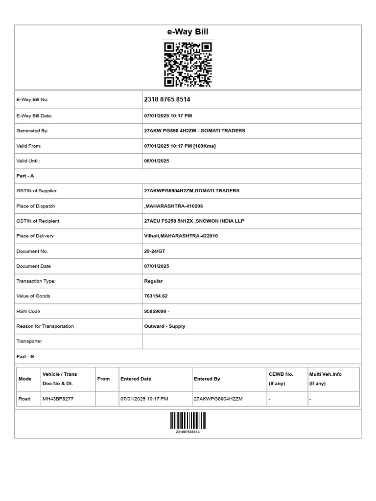 E-Way Bill System GT12 (29-24) HAMU3538062 MH43BP8277 | PDF