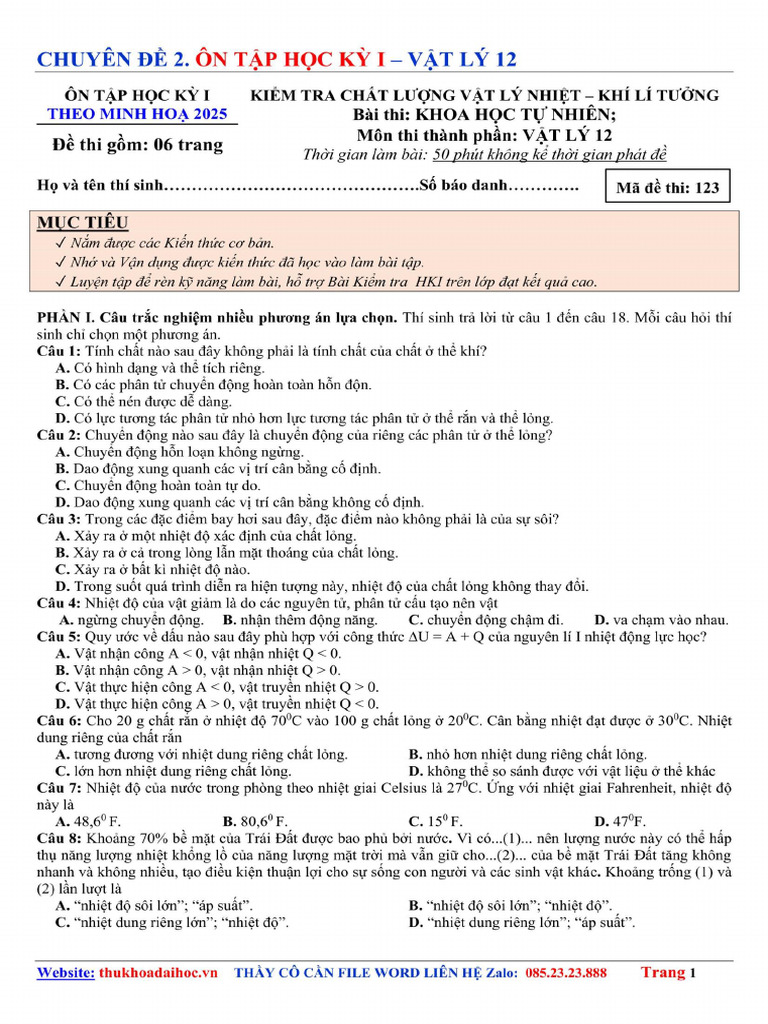 De On Tap Hoc Ky 1 Theo Minh Hoa 2025 de So 02 | PDF