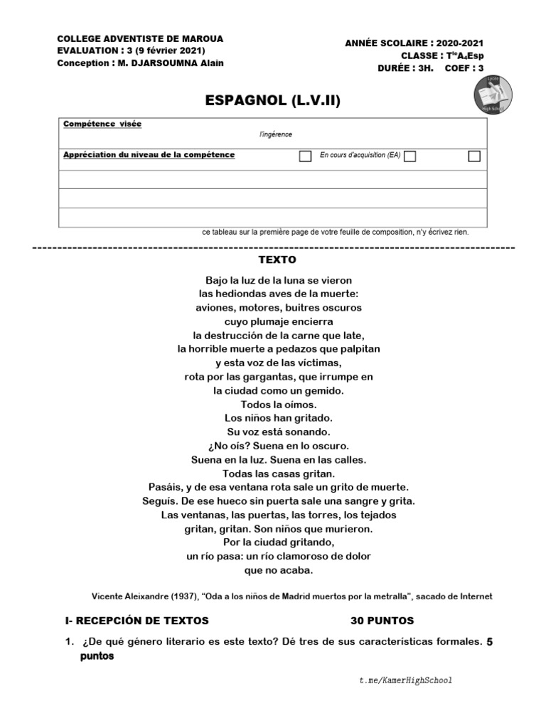 CollègeAMaroua Espagnol TleA4 Eval3 2021 | PDF