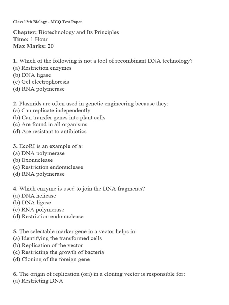 Class 12th Biology - MCQ Test Paper | PDF | Molecular Cloning | Dna