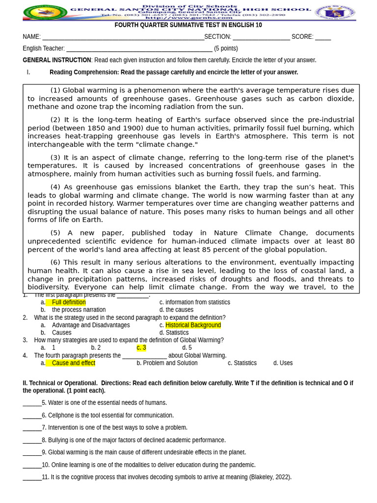 Fourth Grading SUMMATIVE Test in English 10 | PDF | Greenhouse Gas ...