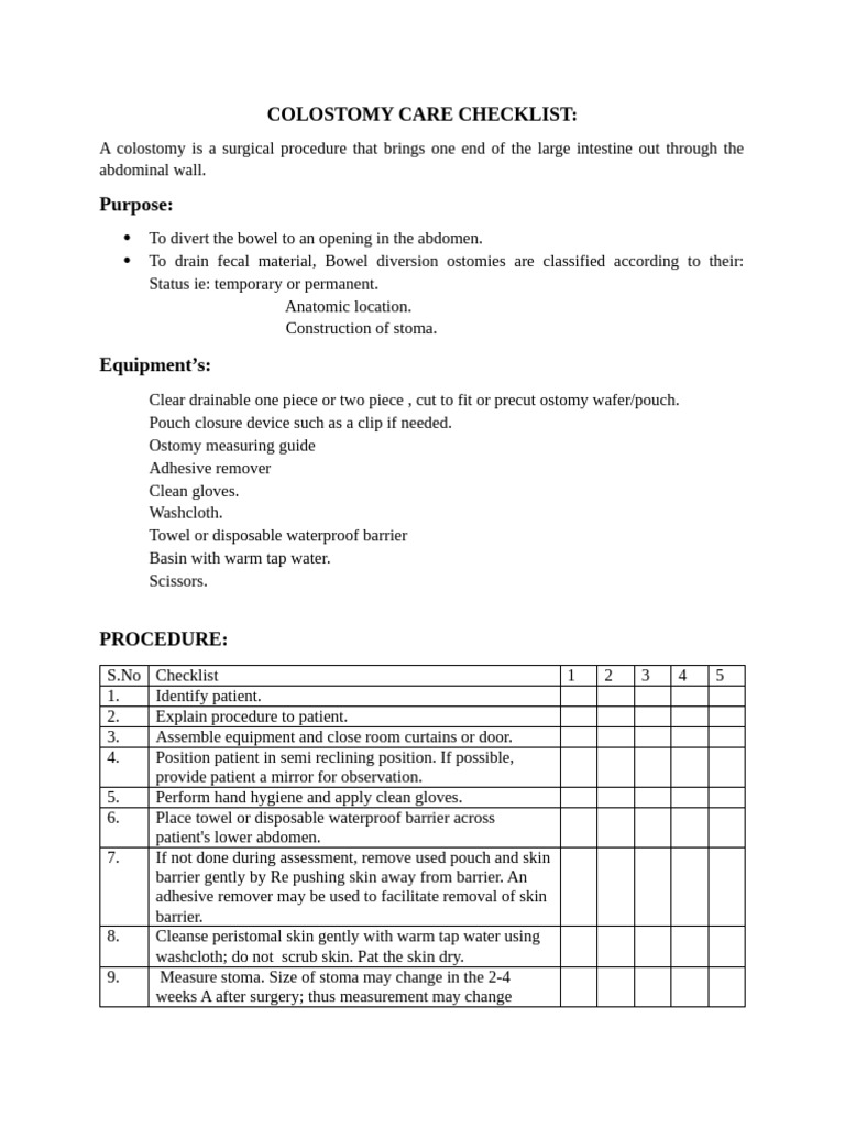 COLOSTOMY CARE CHECKLIST | PDF