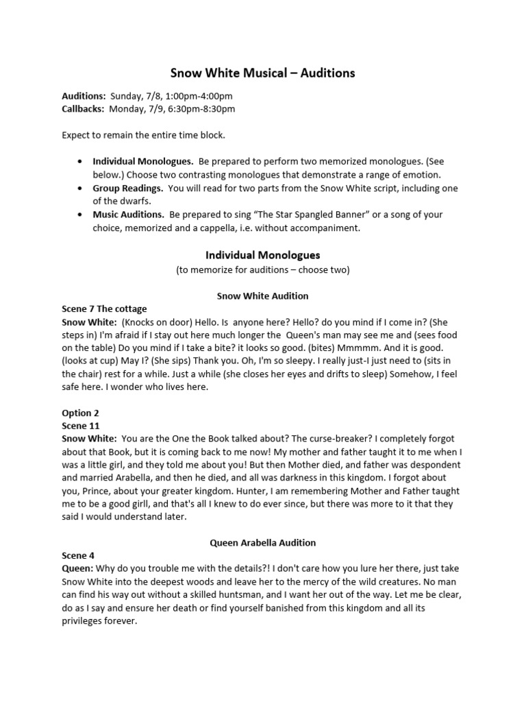 Snow White Musical Audition Details | PDF | Snow White | Audition