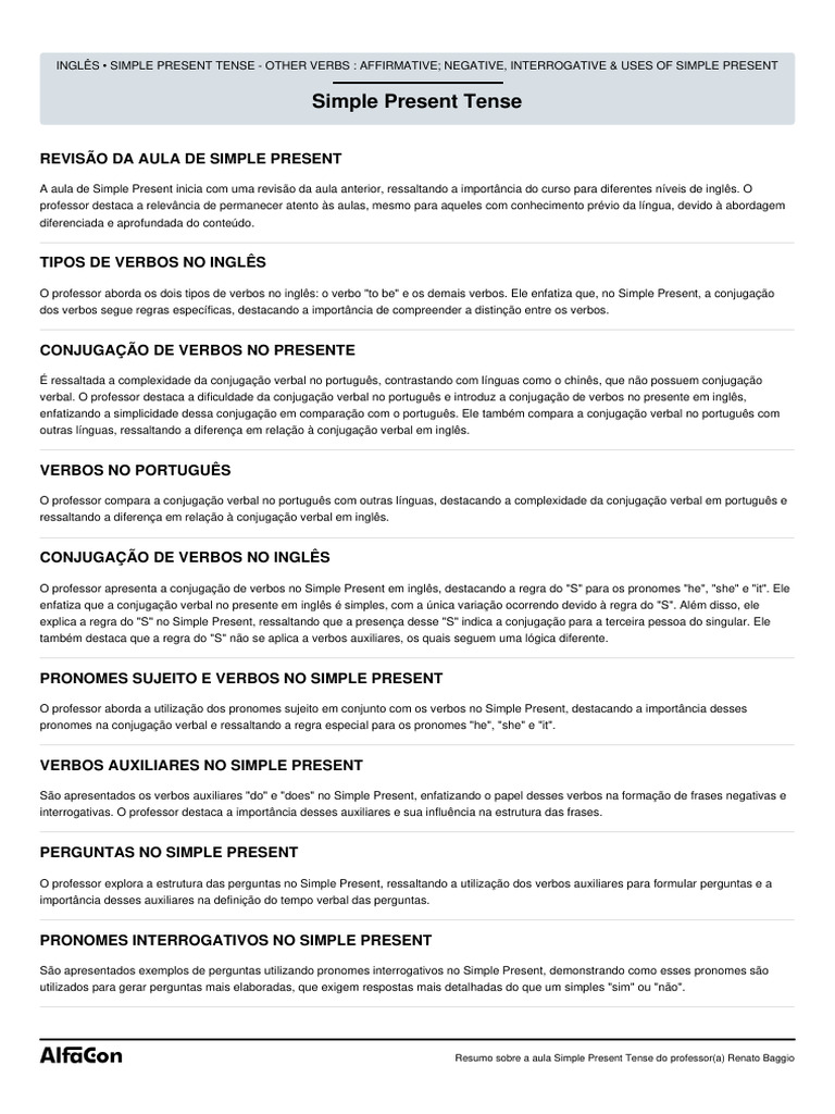 resumo-simple-present-tense-1 | PDF | Pronome | Português (idioma)