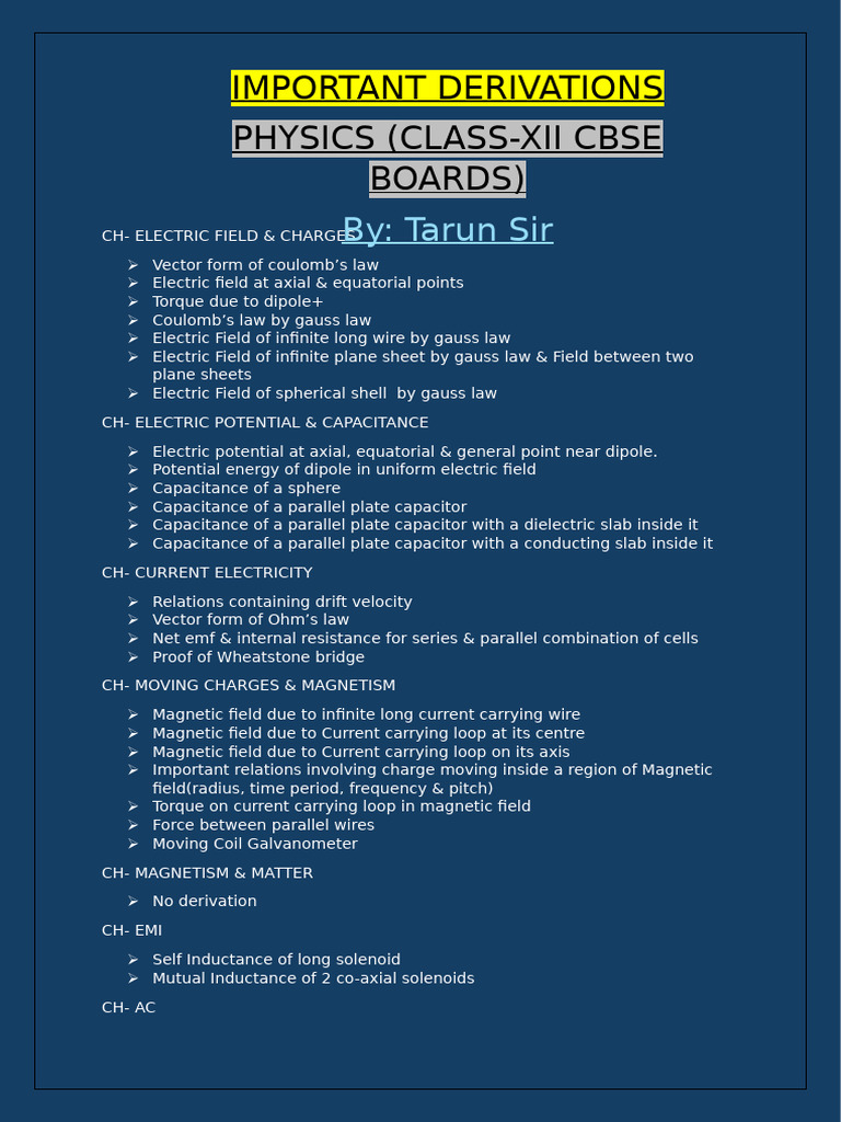 Imp Derivations Class 12 Physics | PDF | Capacitance | Magnetic Field