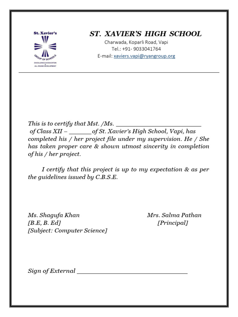 St. Xavier's High School Project Certificate | PDF