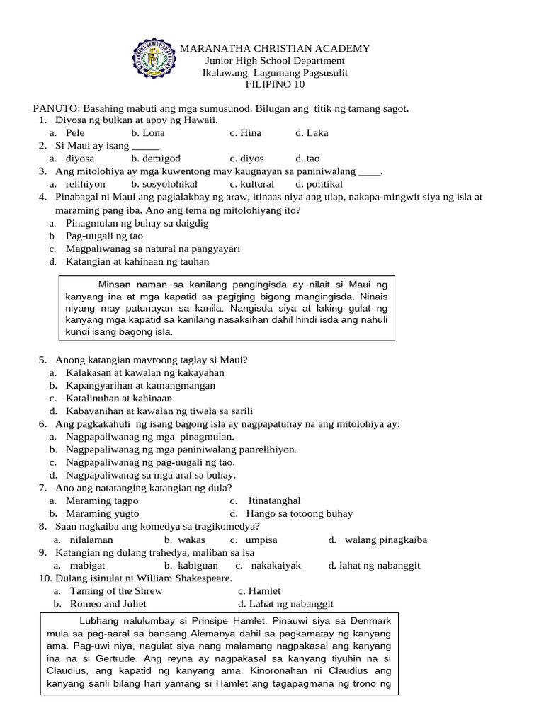 Fil10 2Q Exams 2024 | PDF
