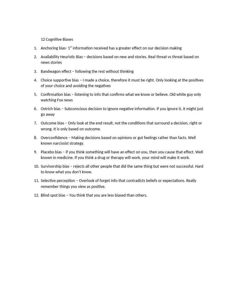 12 Cognitive Biases Explanations | PDF