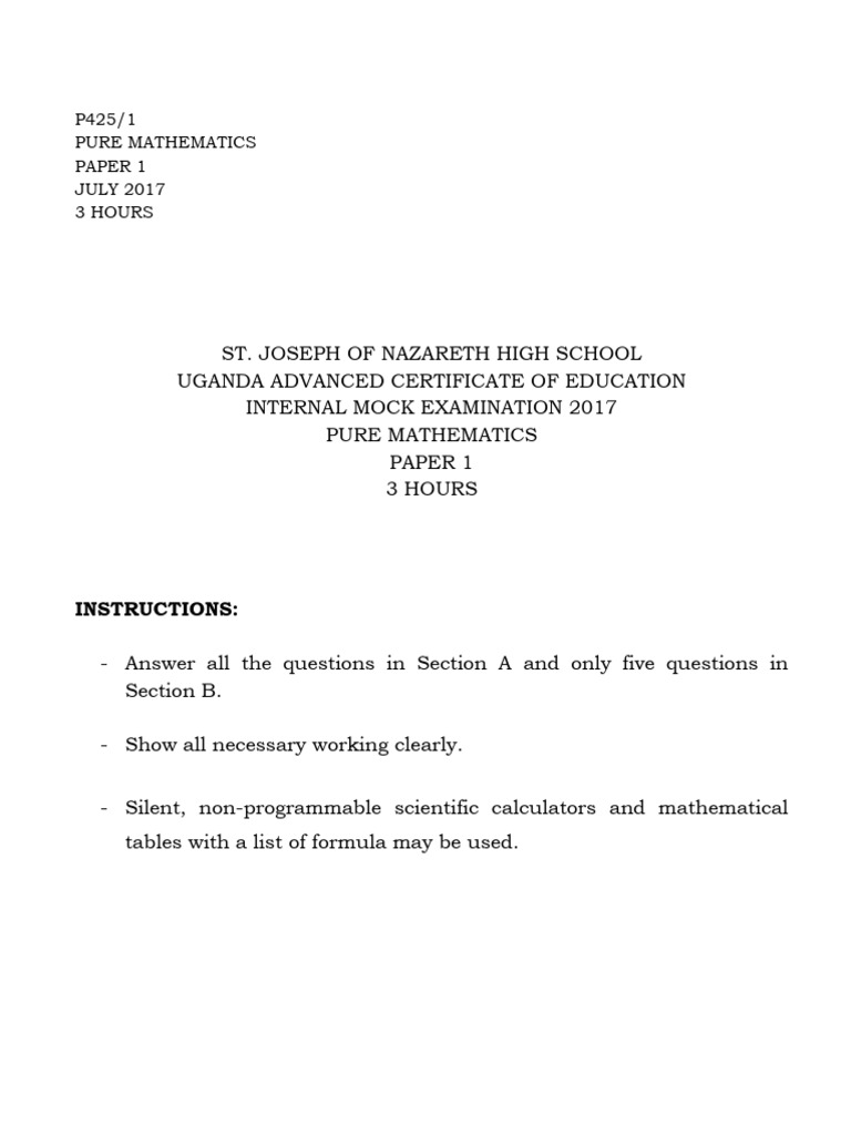 ST - Joseph of Nazareth High School Uace Internal Mock Examination Pure ...