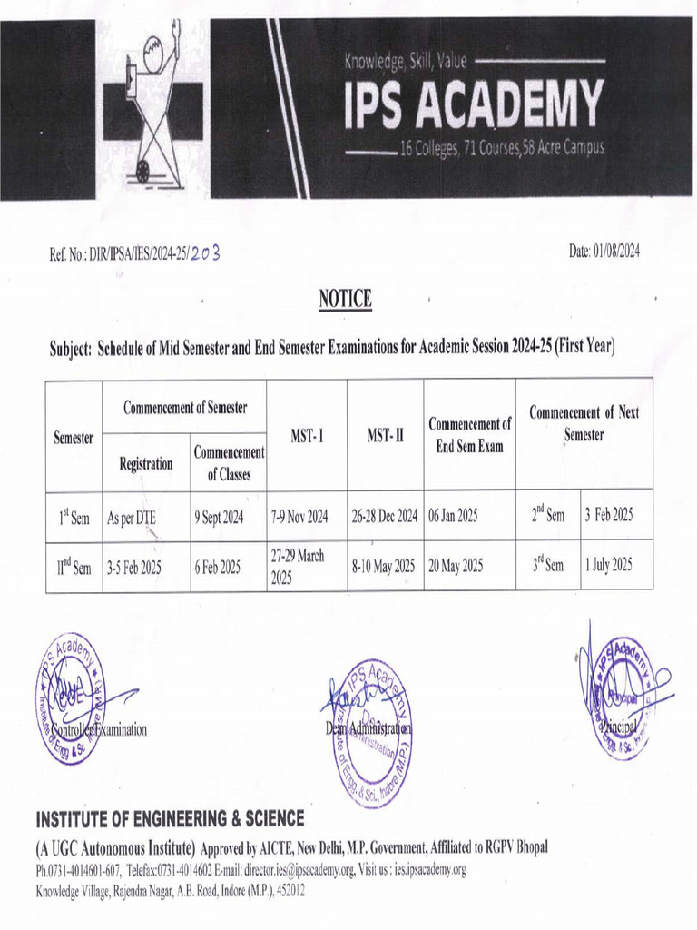 Mid Sem and End Sem Examination For Academic Session 24 25 First Year | PDF