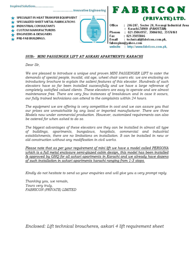 Mini Lift Literature Covering Letter For Askari | PDF