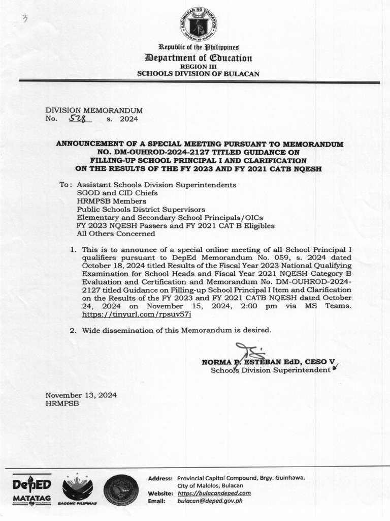 Division Memorandum No 528 S 2024 | PDF