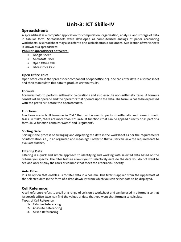 Unit-3 ICT Skills | PDF | Spreadsheet | Worksheet