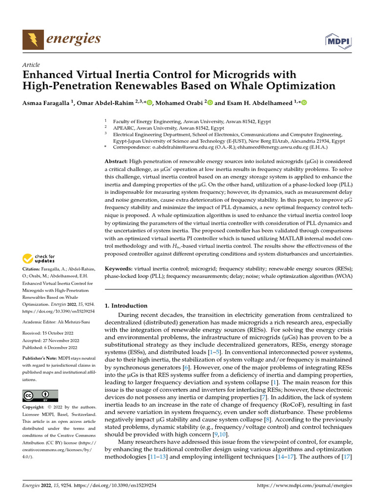 Enhanced Virtual Inertia Control For Microgrids With High-Penetration Renewables Based On Whale ...