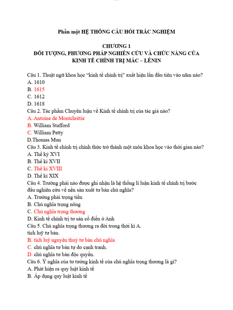 He Thong Cau Hoi Trac Nghiem Va Dap An Kinh Te Chinh Tri Mac Lenin Dai 71868 | PDF
