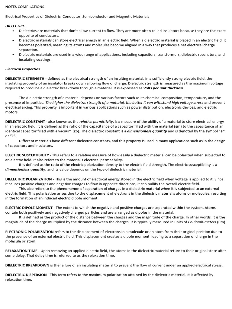 NOTES-COMPILATIONS-EMAG-2-TOPIC-1 | PDF | Semiconductors | Dielectric