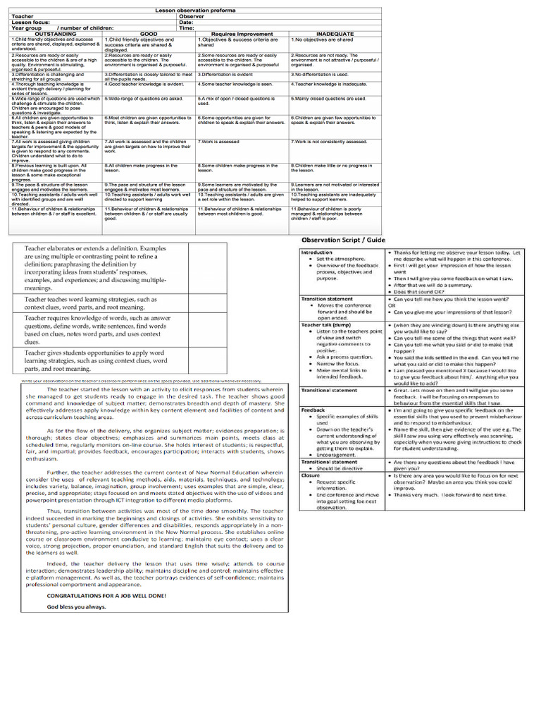 Class Observation Comments | PDF