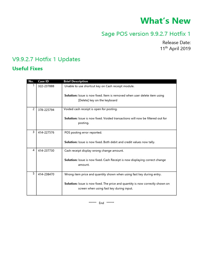 Sage POS v9.9.2.7 20190411 Hotfix 1 Release Note | PDF