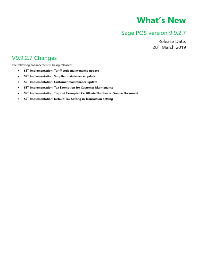Sage POS V9.9.2.7 Update Overview | PDF | Receipt | Point Of Sale