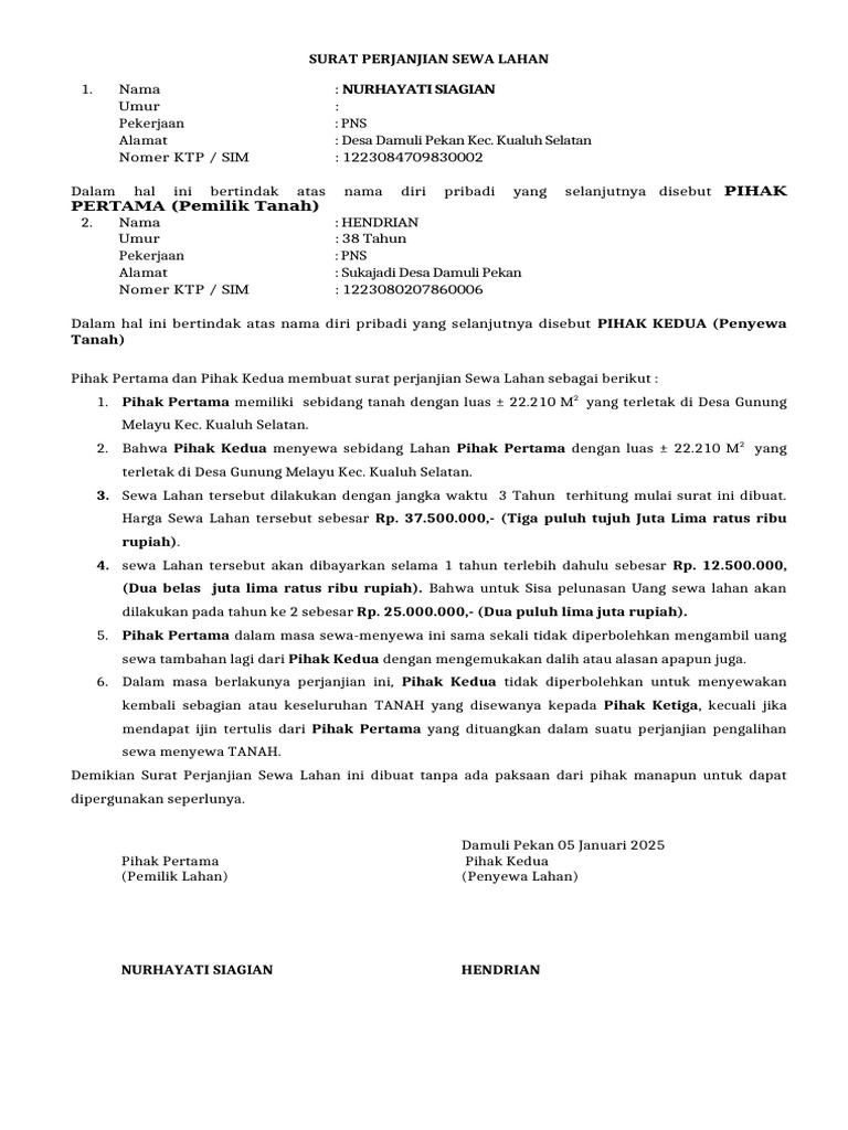 Surat Perjanjian Sewa Lahan 2025 | PDF