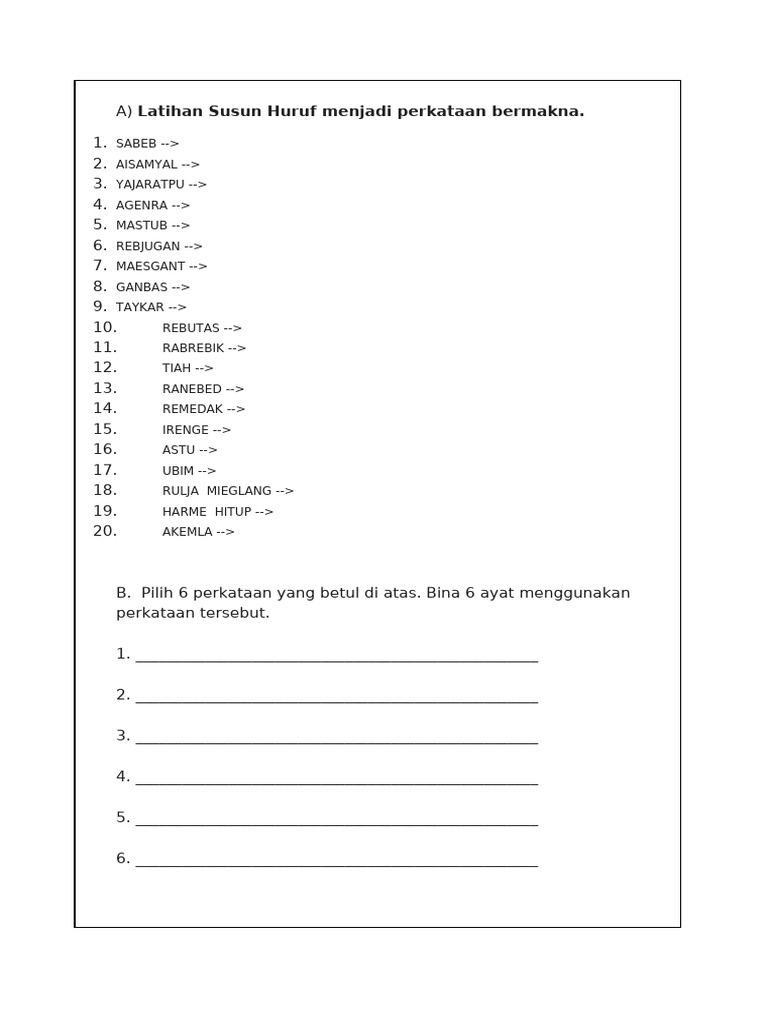 Latihan Susun Huruf Perkataan Bermakna | PDF