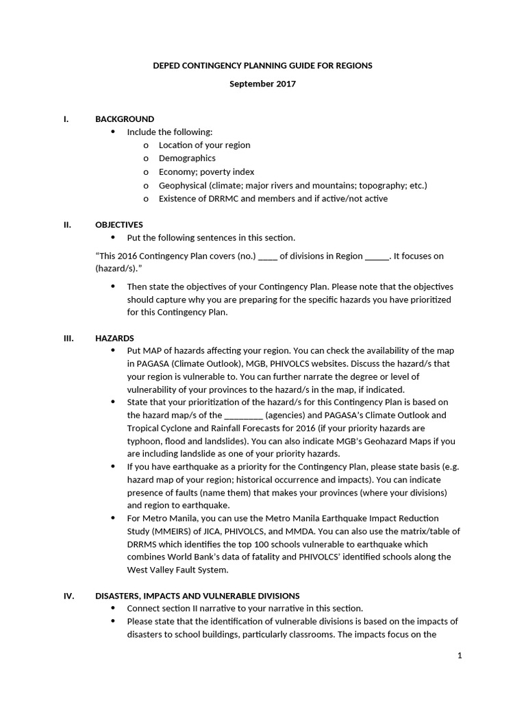 DEPED CONTINGENCY PLANNING GUIDE FOR REGIONS | PDF | Emergency ...