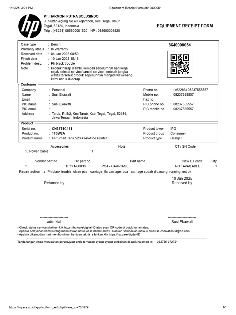 Equipment Receipt Form 8640000054 | PDF