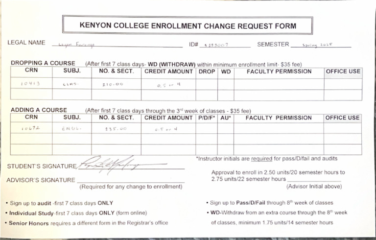 Kenyon College Enrollment Change Request Form | PDF
