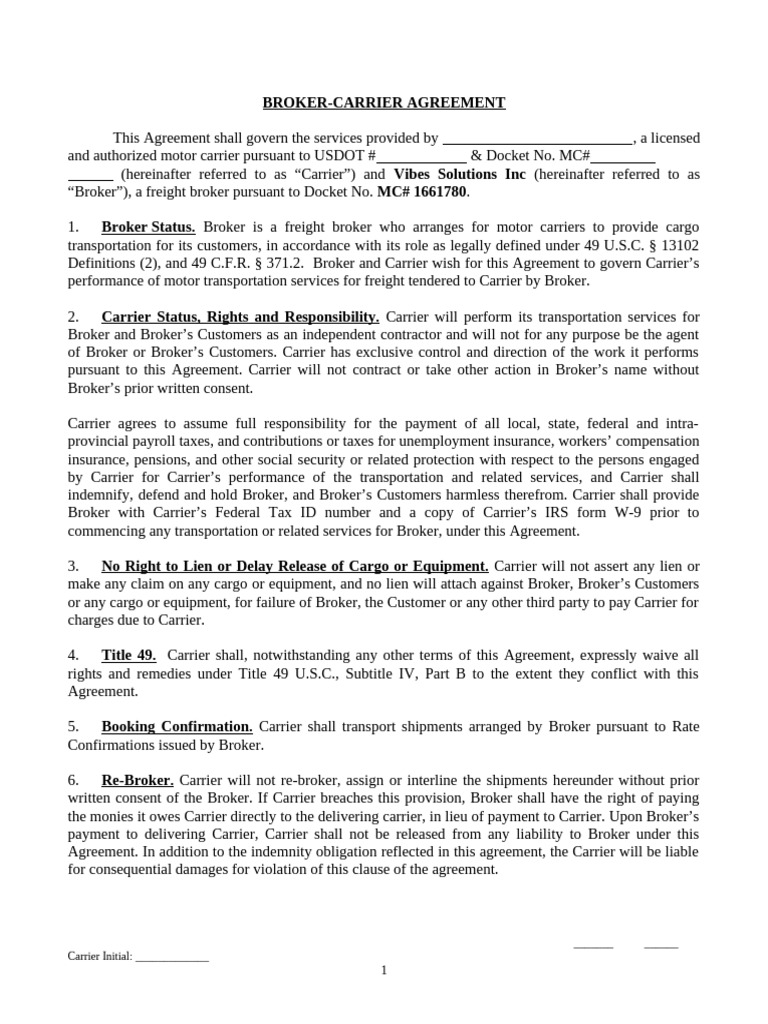 Broker-Carrier Agreement Form | PDF | Indemnity | Insurance