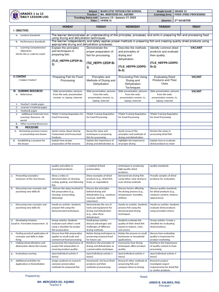 DLL-FFP-WEEK 4-3RD Quarter Grade 12 Exam Week | PDF | Learning | Food ...