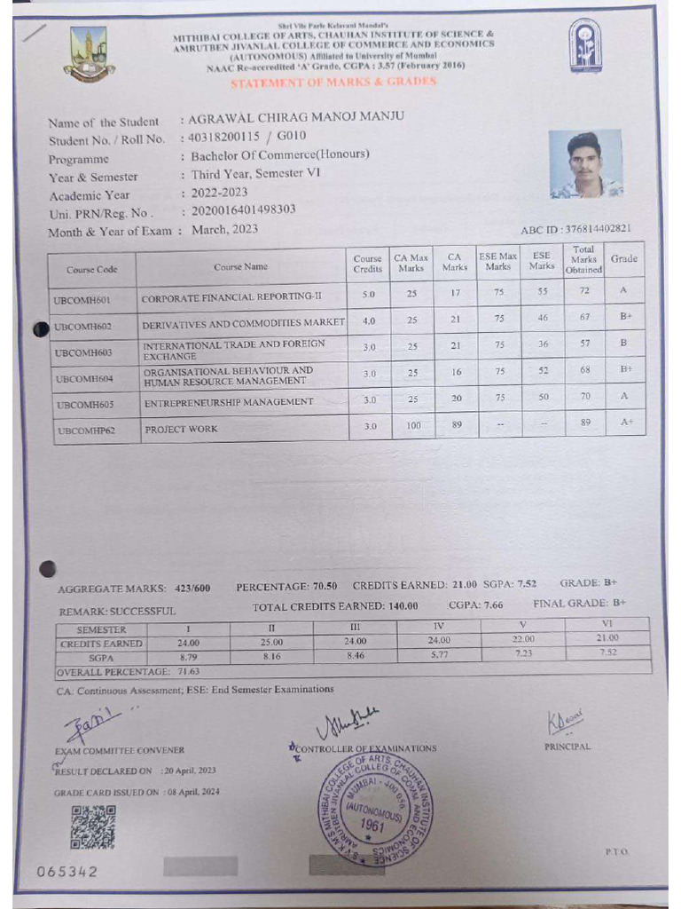 College Mark Sheet and Provisional Certificate | PDF