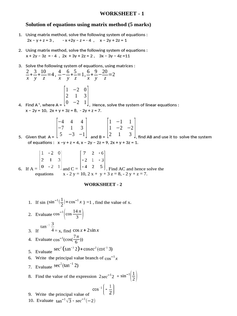Matrix Equation Solutions Worksheet | PDF | Matrix (Mathematics ...
