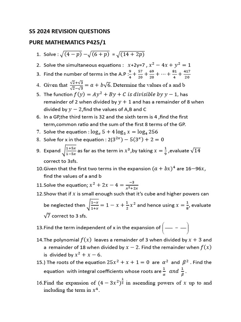 S5 Pure Mathematics Revision Questions | PDF | Circle | Equations