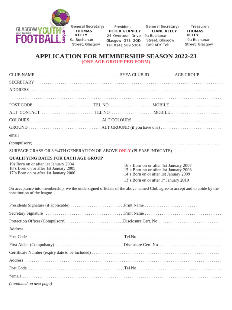 GADYFL Membership Application 2022-23 | PDF