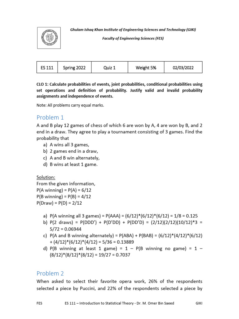 Quiz1 - Es111 - Mobs Solution | PDF | Probability Theory | Probability And Statistics