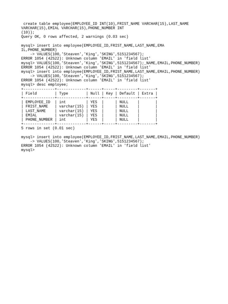 create table employee(EMPLOYEE_ID I | PDF