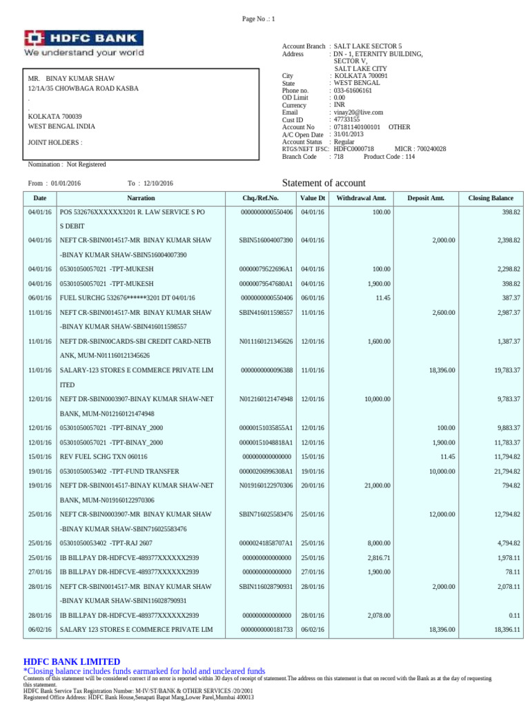 Hdfc Bank Statement PDF | PDF | Money | Private Sector