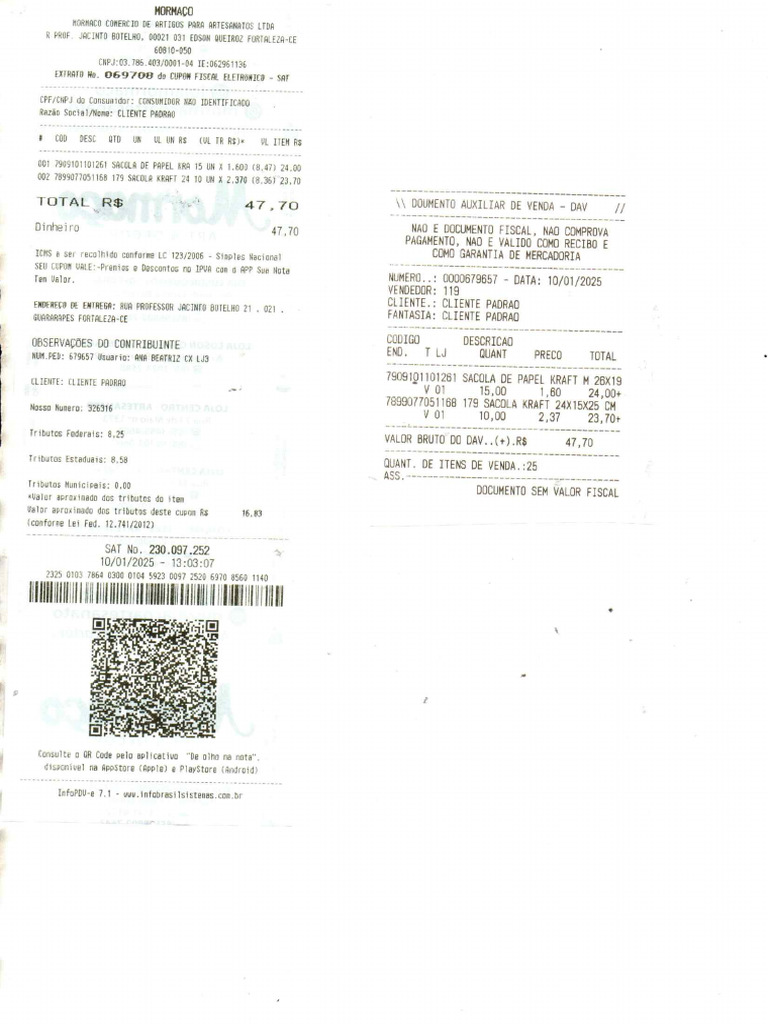 10-01-2025 Cupom #679657 Sacolas Brindes | PDF