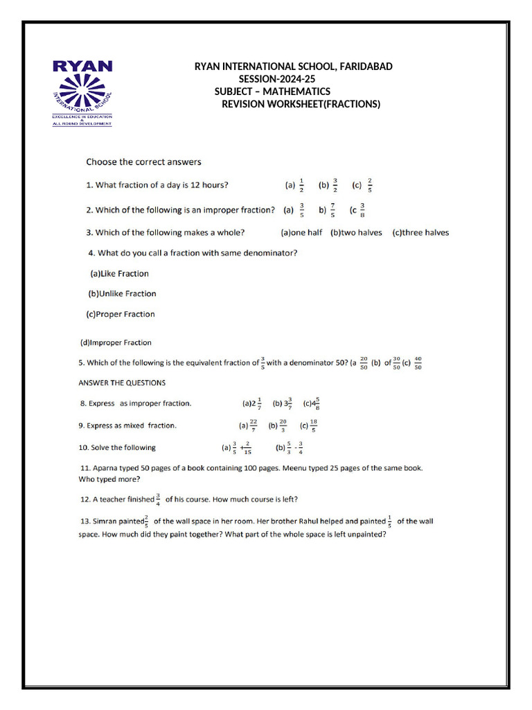 Fractions Revision Worksheet | PDF