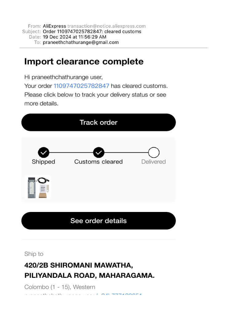 Order 1109747025782847 Cleared Customs | PDF