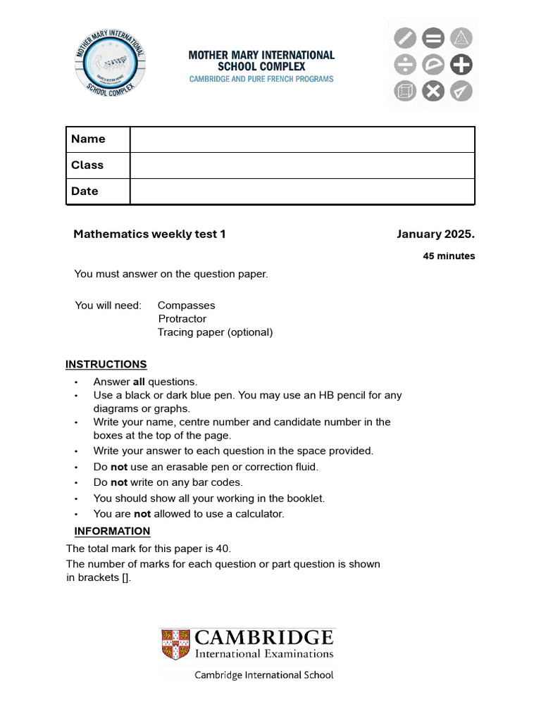 MotherMary Internation Maths Test 1 | PDF | Triangle | Area