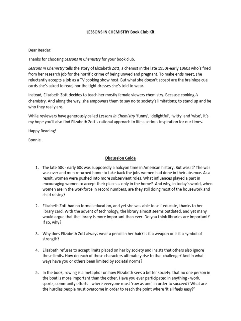Lessons in Chemistry - Book Club Kit | PDF | Faith