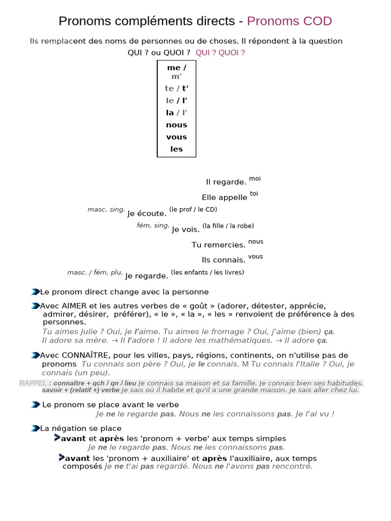 Pronoms COD et COI en Français | PDF | Verbe | Pronom