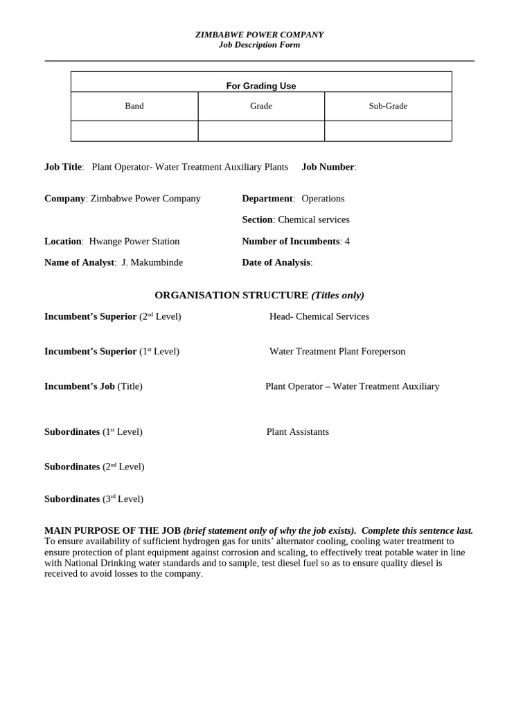 Plant Operator Job Description - Water Treatment | PDF | Purified Water ...