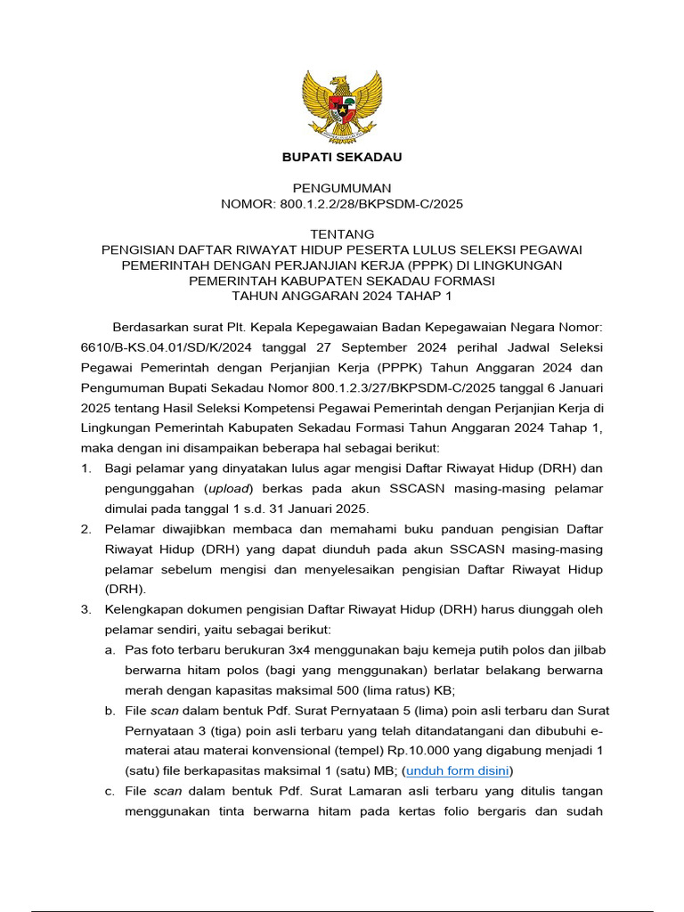 10 Pengumuman Pengisian DRH PPPK 2024 Tahap 1 | PDF