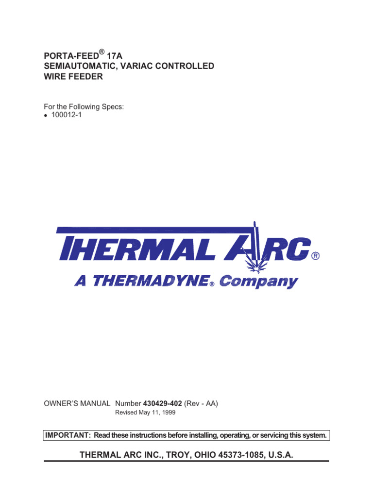 Porta-Feed 17a Semiautomatic, Variac Controlled Wire Feeder - Victor ...