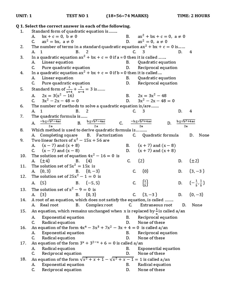 TEST NO 1. CH 1 | PDF | Quadratic Equation | Equations