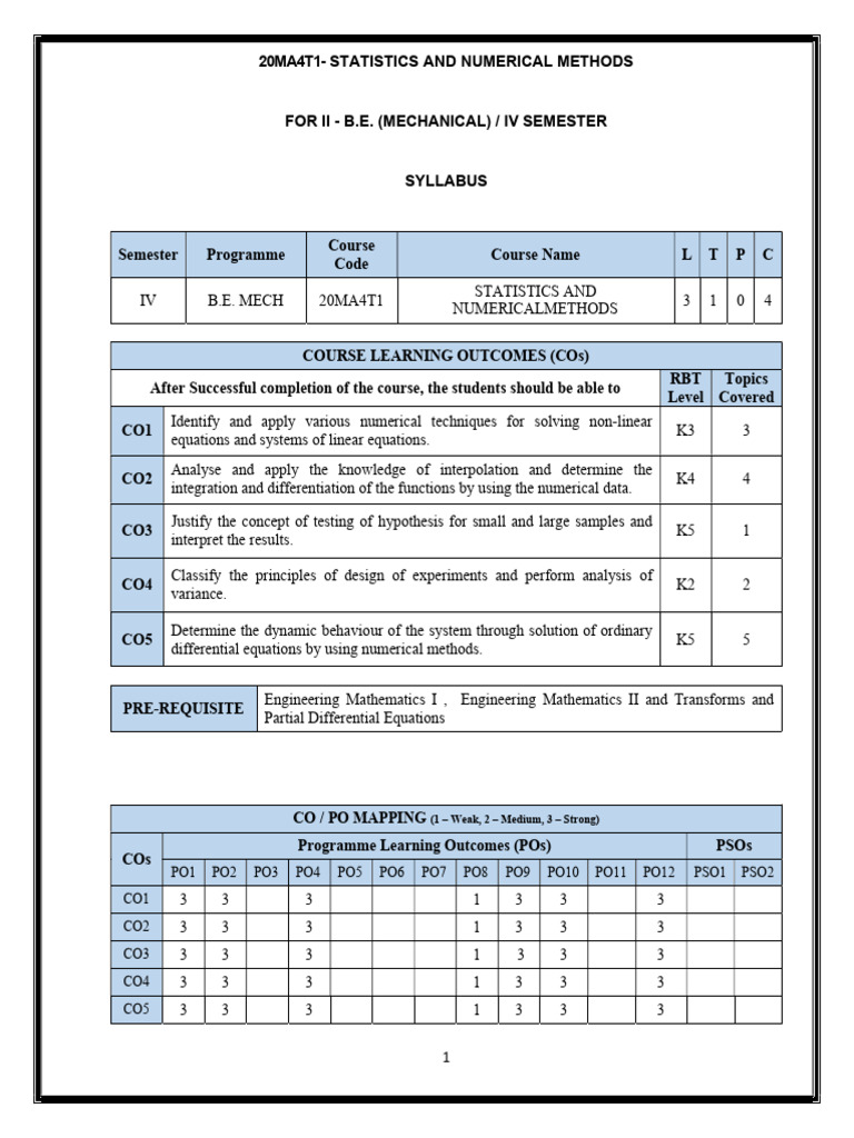 Statistics & Numerical Methods Syllabus | PDF | Statistical ...